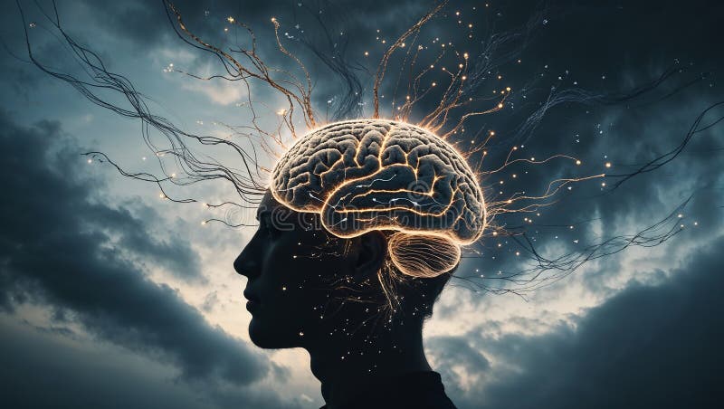 Human Brain Showing Neural Connections Under Cloudy Sky Stock ...