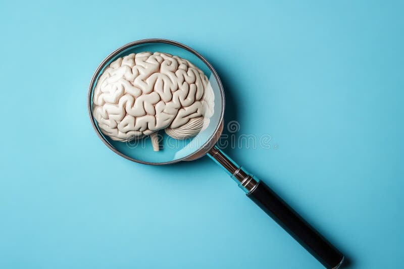 A Human Brain is Shown Under a Magnifying Glass Set Against a Blue ...