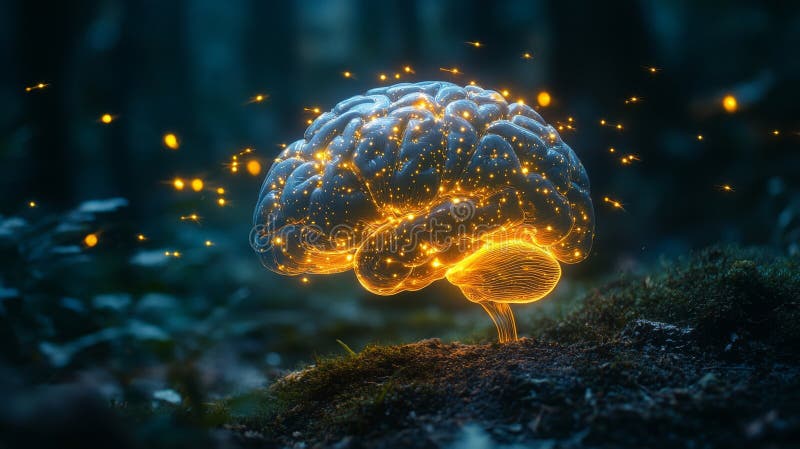 A Human Brain Silhouette Illuminated by Glowing Fireflies in an ...