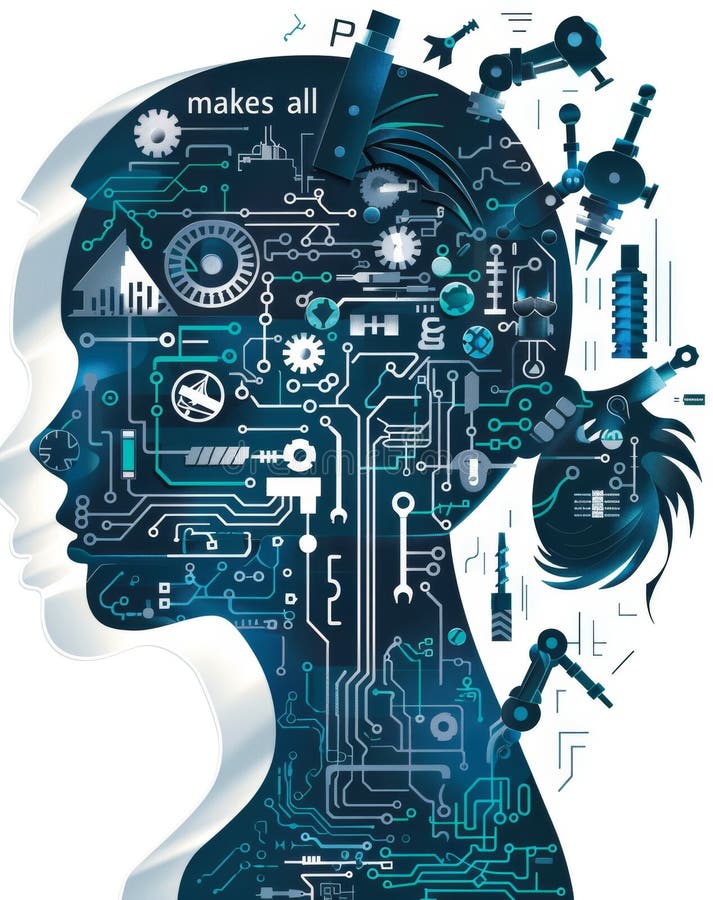 Human Brain Silhouette with Mechanical and Technological Elements ...