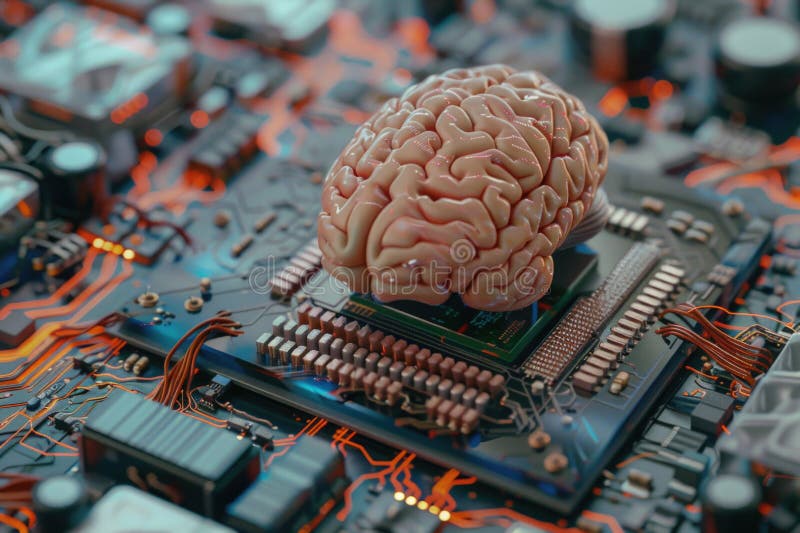 A Human Brain Sits on Top of a Computer Motherboard, Representing the ...