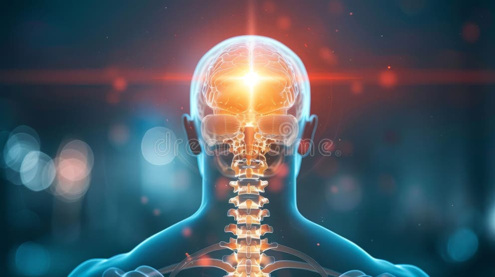 Human Brain and Spinal Cord with Glowing Light Stock Illustration ...