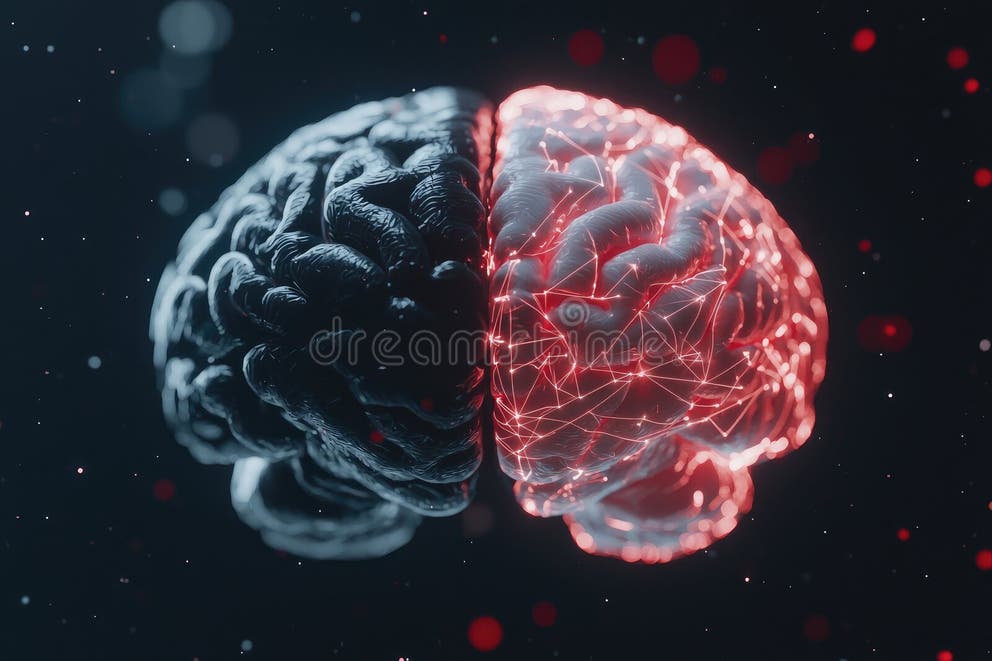Human Brain Split into Digital and Organic Halves Stock Illustration ...