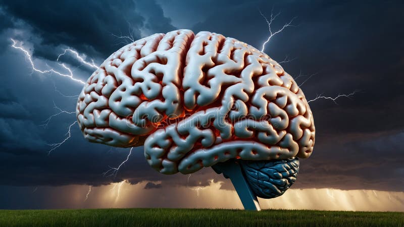 Human Brain in a Stormy Landscape with Lightning and Dark Clouds ...