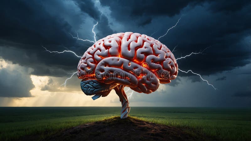Human Brain in a Stormy Landscape with Lightning and Dark Clouds ...