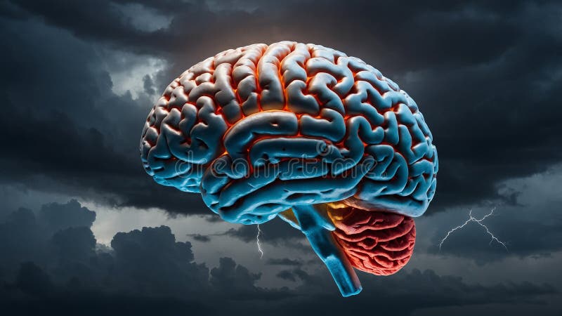 Human Brain in a Stormy Landscape with Lightning and Dark Clouds ...