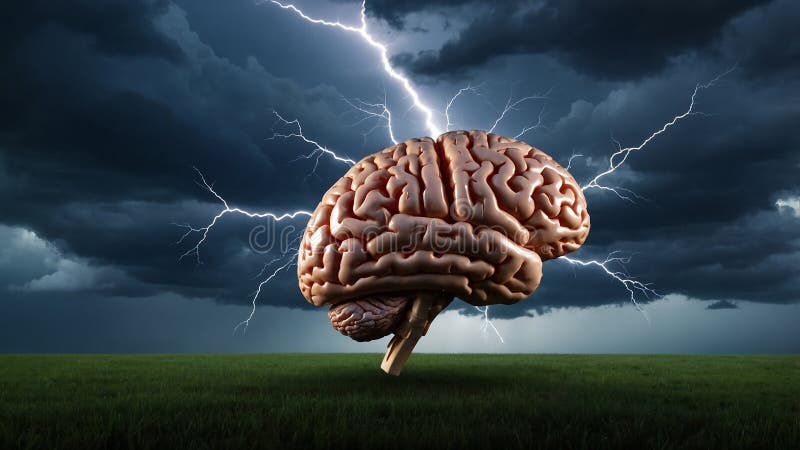 Human Brain in a Stormy Landscape with Lightning and Dark Clouds ...