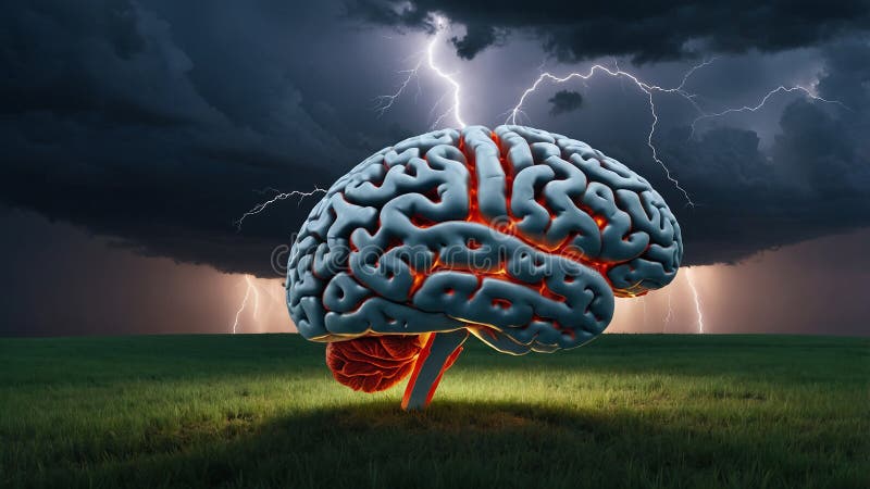 Human Brain in a Stormy Landscape with Lightning and Dark Clouds ...