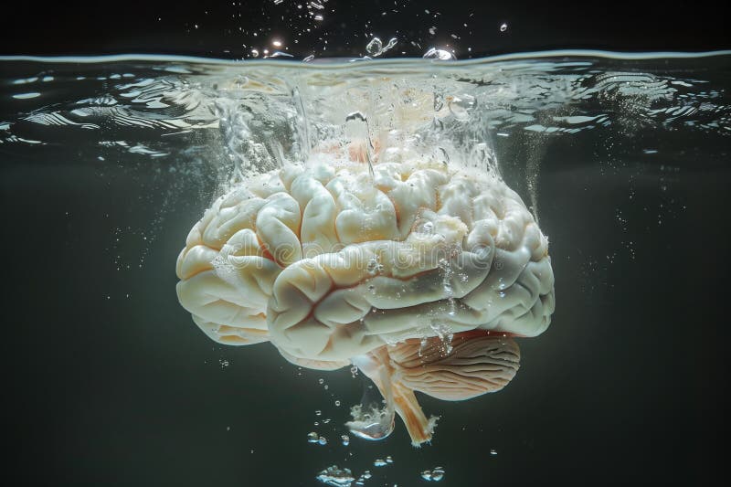 Human Brain Submerged in Water with Bubbles and Splashes Stock ...