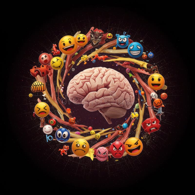 Human Brain Surrounded by Colorful Emojis in a Spiral Pattern Stock ...