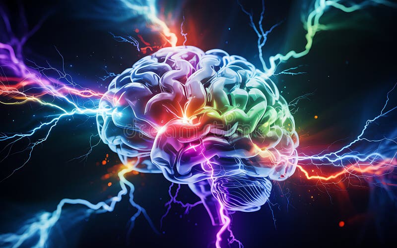 Human Brain Surrounded by Colorful Lightning on a Dark Background Stock ...