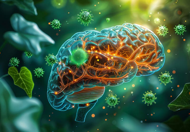 Human Brain is Surrounded by Virus Cells and Bacteria. Microscopic View ...