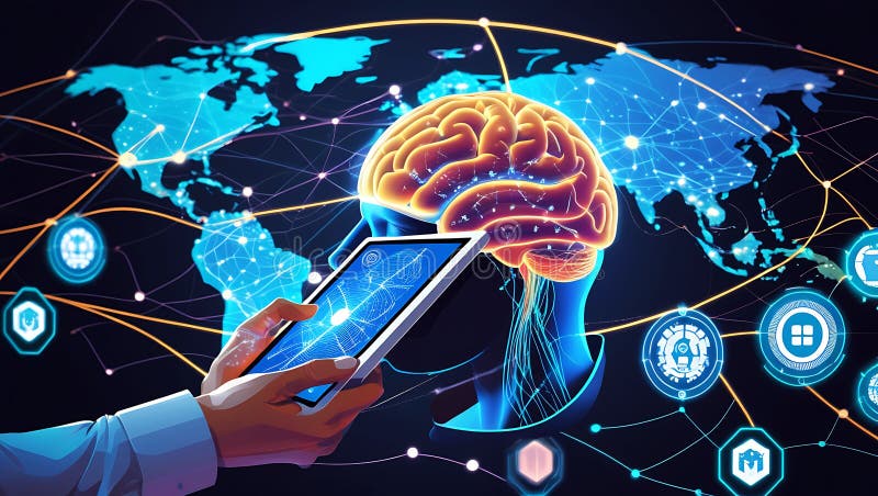 Human Brain and Tablet Interface with World Map and Network Connections ...