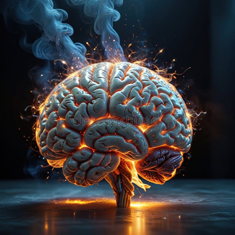 Human Brain Thinking and Problem Solving, Overloaded and Overworked with Flame and Smoke Fire ...