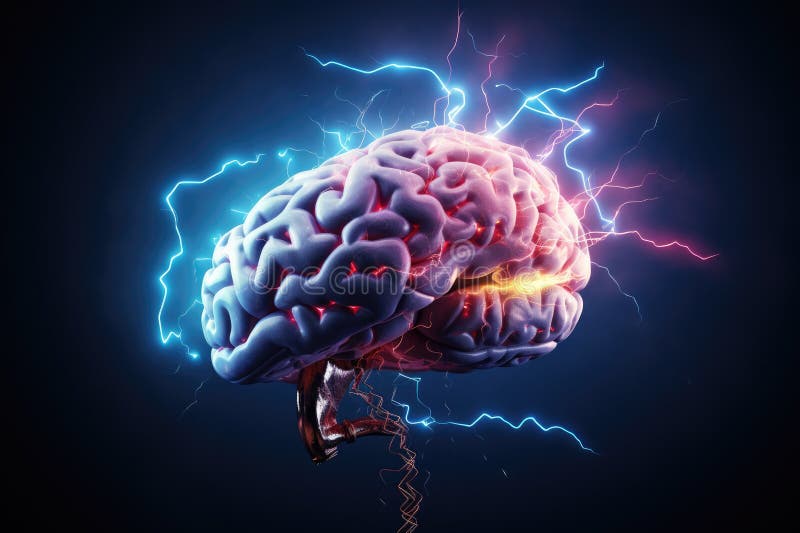 Human Brain with Thunderbolt, 3D Illustration, Mind Power Concept with ...