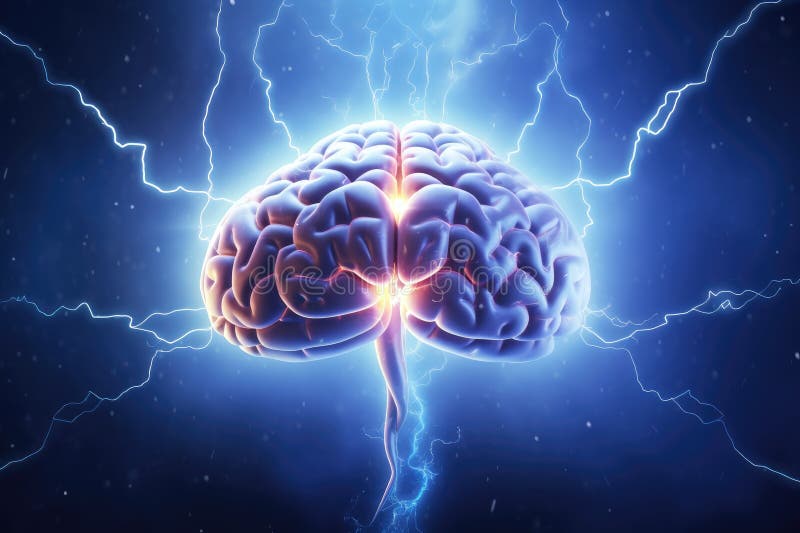 Human Brain with Thunderbolt, 3D Illustration, Mind Power Concept with ...