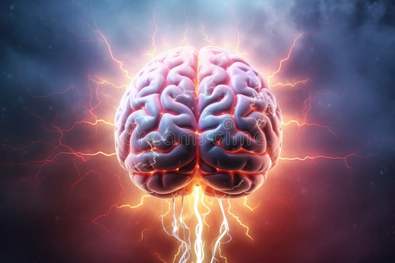 Human Brain with Thunderbolt, 3D Illustration, Mind Power Concept with ...