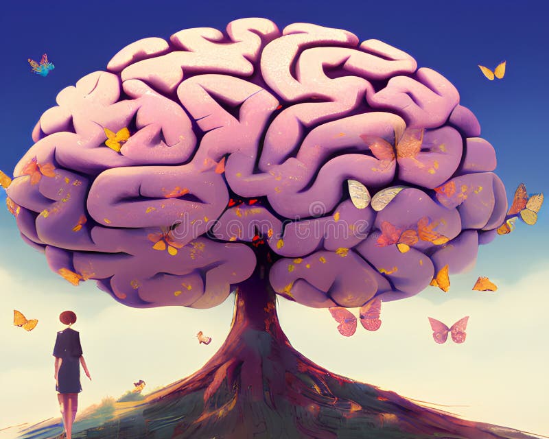 Human Brain Tree with Butterflies. Generative Ai. Stock Illustration ...