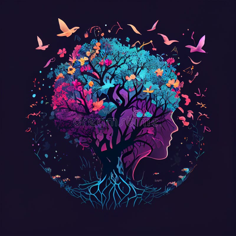 Human Brain Tree with Flowers and Butterflies, Concept of Self Care ...