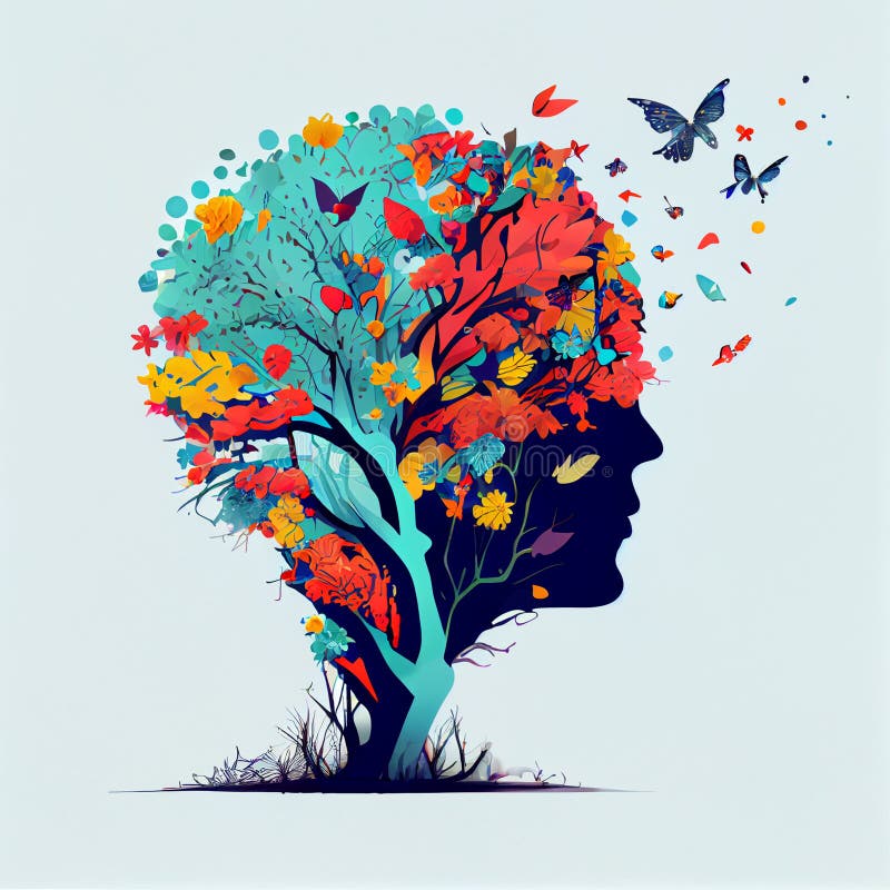 Human Brain Tree with Flowers and Butterflies, Concept of Self Care ...