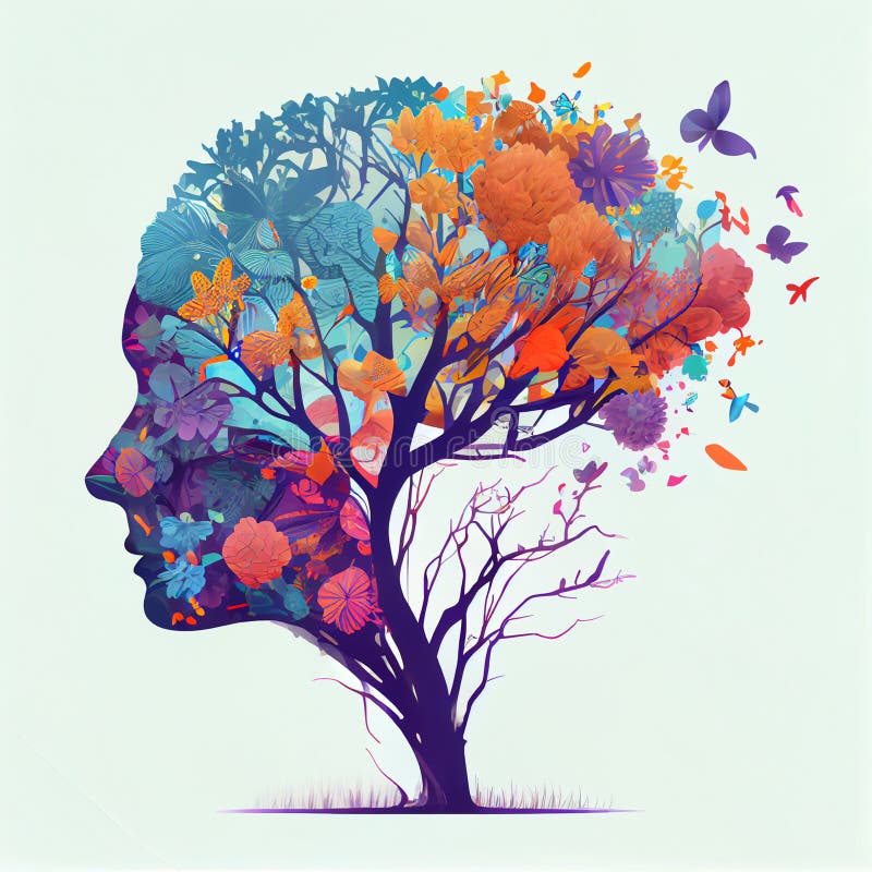Human Brain Tree with Flowers and Butterflies, Concept of Self Care ...