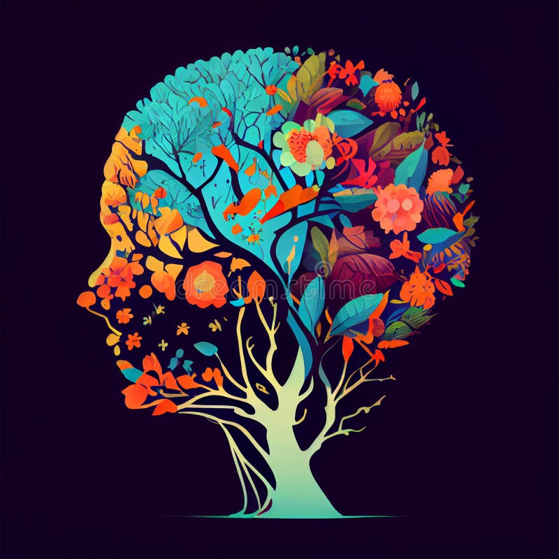 Human Brain Tree with Flowers and Butterflies, Concept of Self Care ...