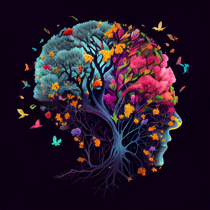Human Brain Tree with Flowers and Butterflies, Concept of Self Care ...