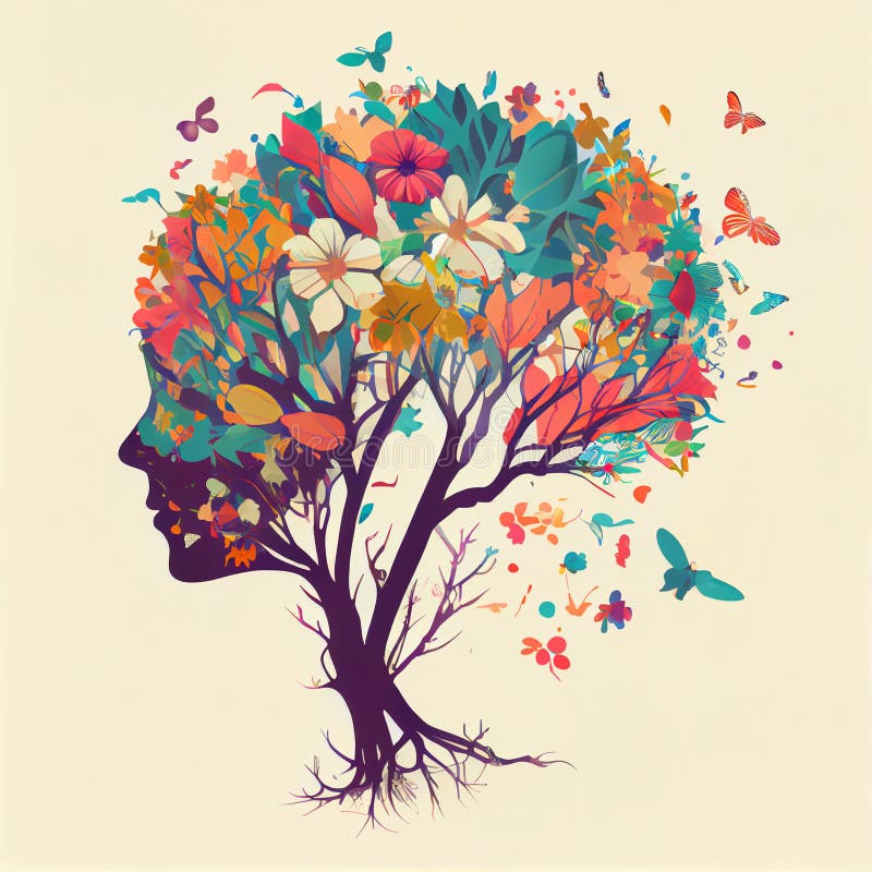 Human Brain Tree with Flowers and Butterflies, Concept of Self Care ...