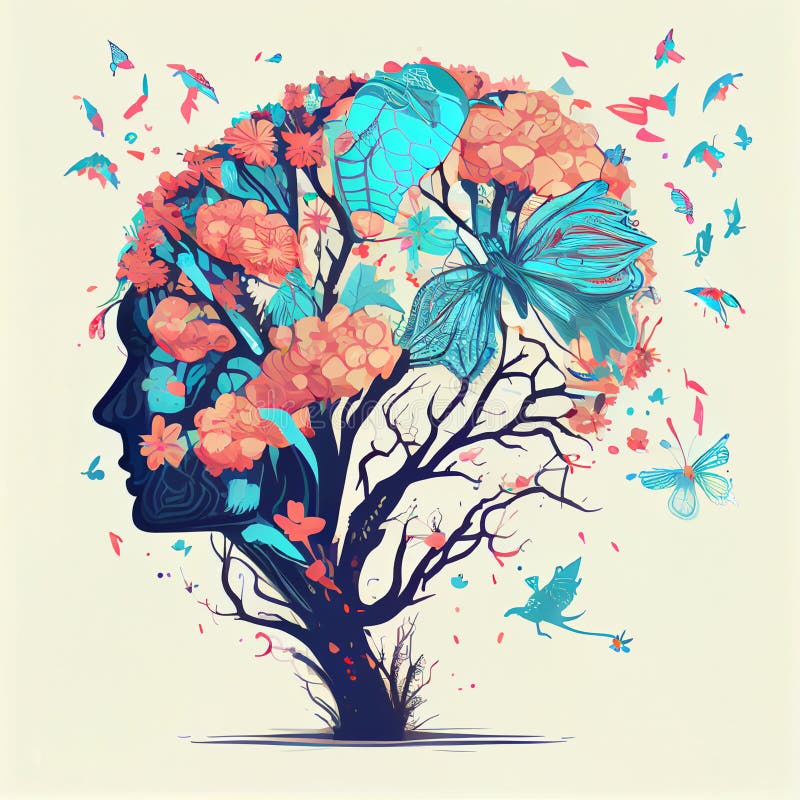 Human Brain Tree with Flowers and Butterflies, Concept of Self Care ...