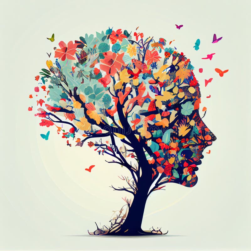 Human Brain Tree with Flowers and Butterflies, Concept of Self Care ...