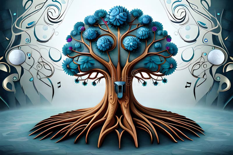 Human Brain Tree with Flowers and Music Notes, Technology. Generative ...