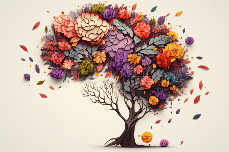 Human Brain Tree with Flowers, Self Care and Mental Health, Generative ...
