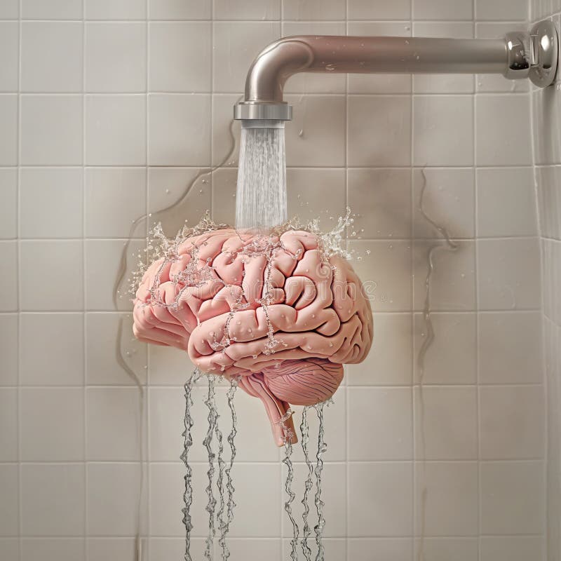 Human Brain Under a Running Water in a Tiled Bathroom, Concept of ...