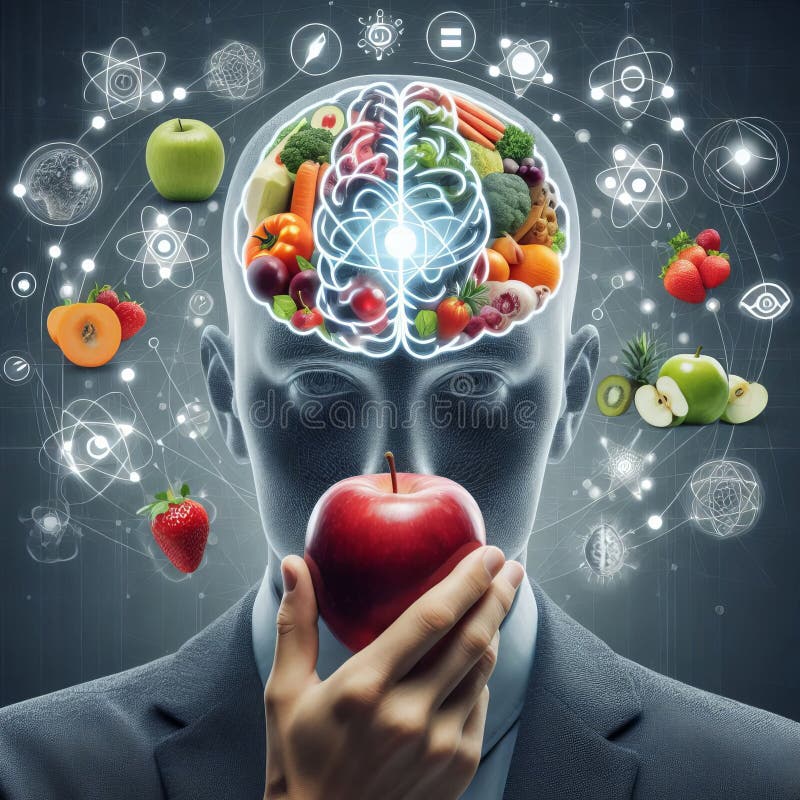 Human Brain Visualization with Healthy Fruits Surrounding Stock Image ...