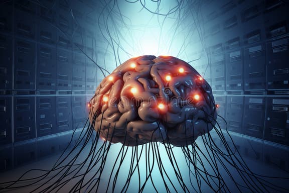 Human Brain with Wires and Cables Connected. Generative AI Stock Photo ...
