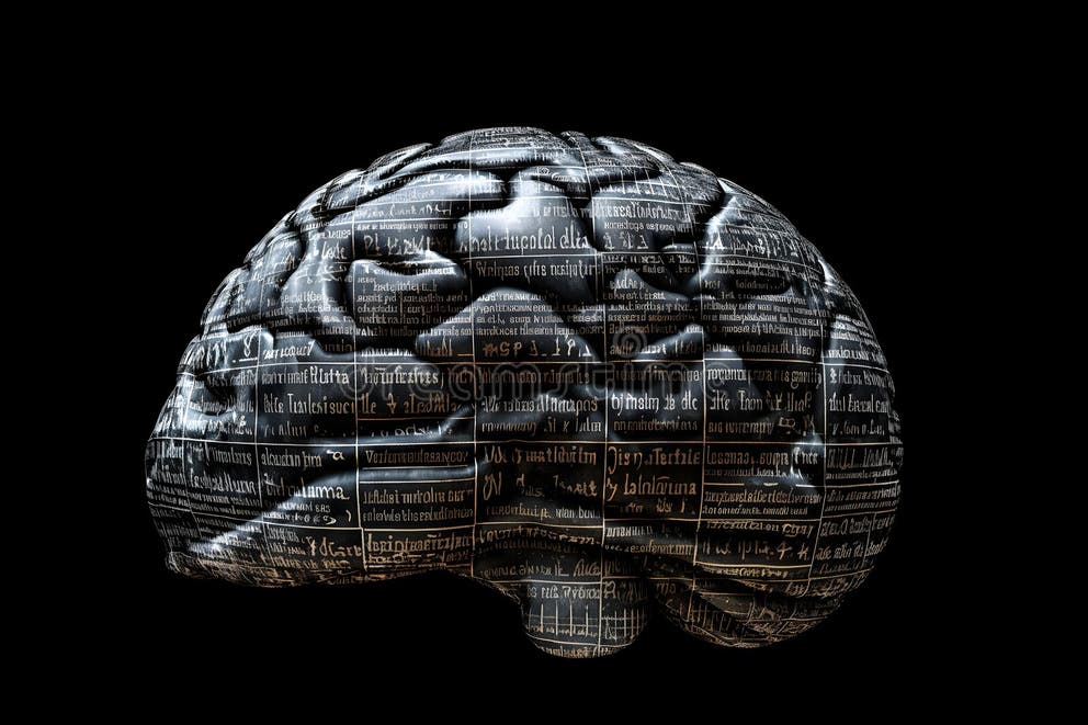 Human Brain with Written Text in Different Languages. Stock ...