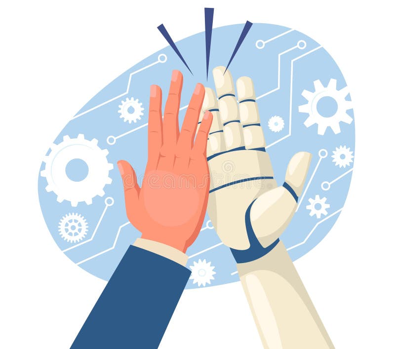 Human Collaboration with Artificial Intelligence. Cartoon Bionic Hand ...