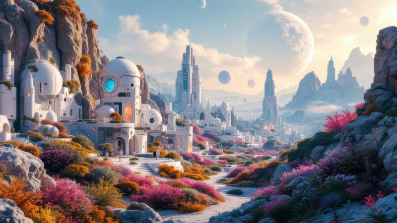 Human Colony on Unknown Planet, Surreal Mystical Fantasy Artwork Stock Illustration ...