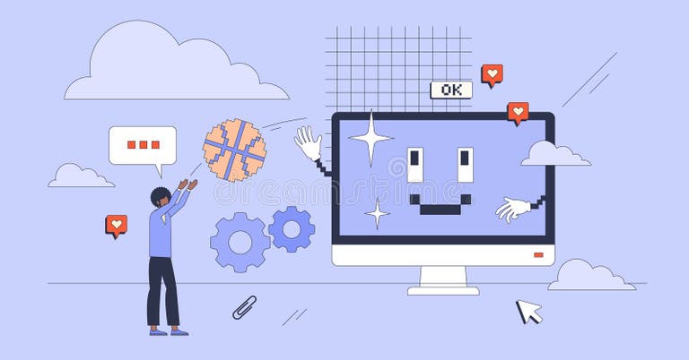 Human and Computer Device Interaction Tiny Person Neubrutalism Concept ...