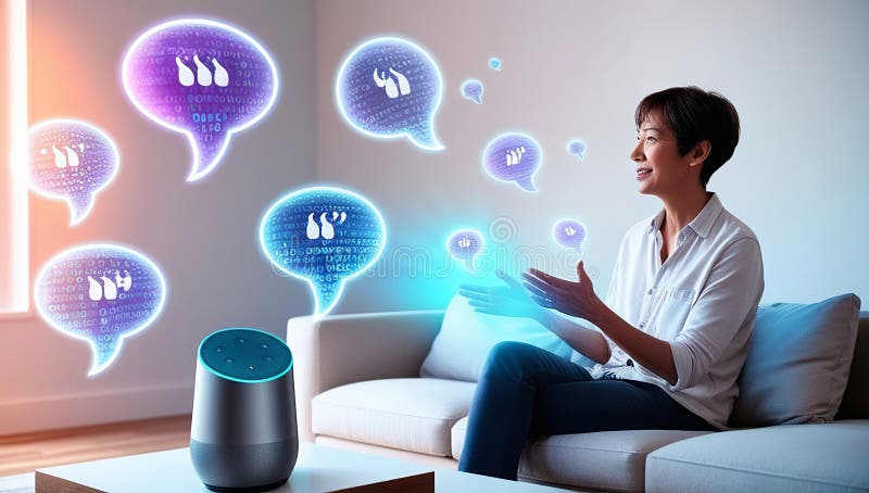 A Human Conversing with an AI Assistant, with Glowing Data Bubbles ...