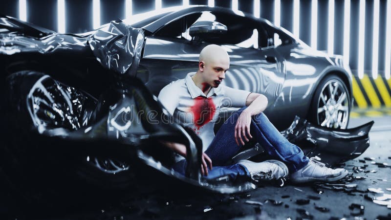 Human Crash Test Dummy Sitting Near Destroyed Car Crash Test. Future ...