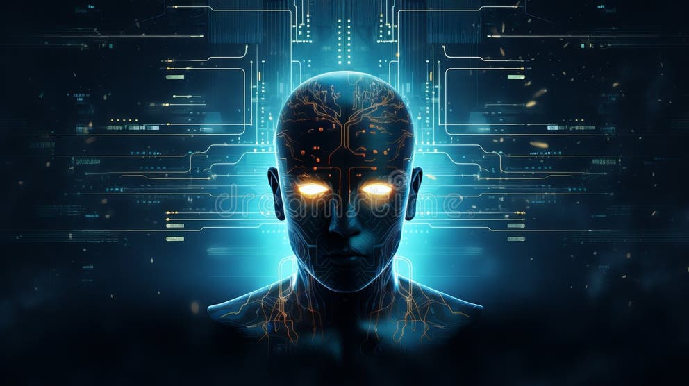 Human Cyborg with Circuit Pattern on Head Against Cyberspace Backdrop ...