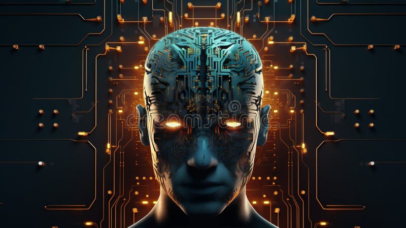 Human Cyborg with Circuit Pattern on Head Against Cyberspace Backdrop ...