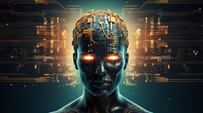Human Cyborg with Circuit Pattern on Head Against Cyberspace Backdrop ...