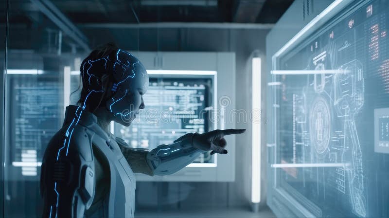 The Human Cyborg, Points at the Transparent Screen in the Office of the ...