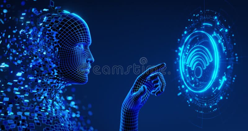 Human Digital Avatar Presses a Virtual Button on Screen with Wi-Fi Icon ...