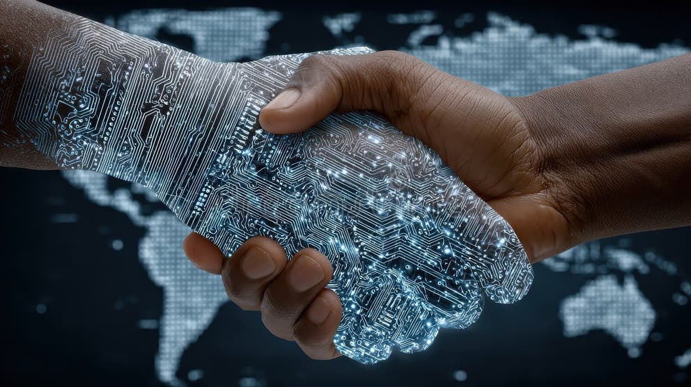Human and Digital Handshake Stock Image - Image of interface, mapping ...