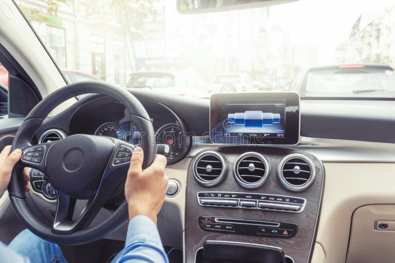 Human Driving a Car, View from Inside. a Man is in the Salon of Car ...