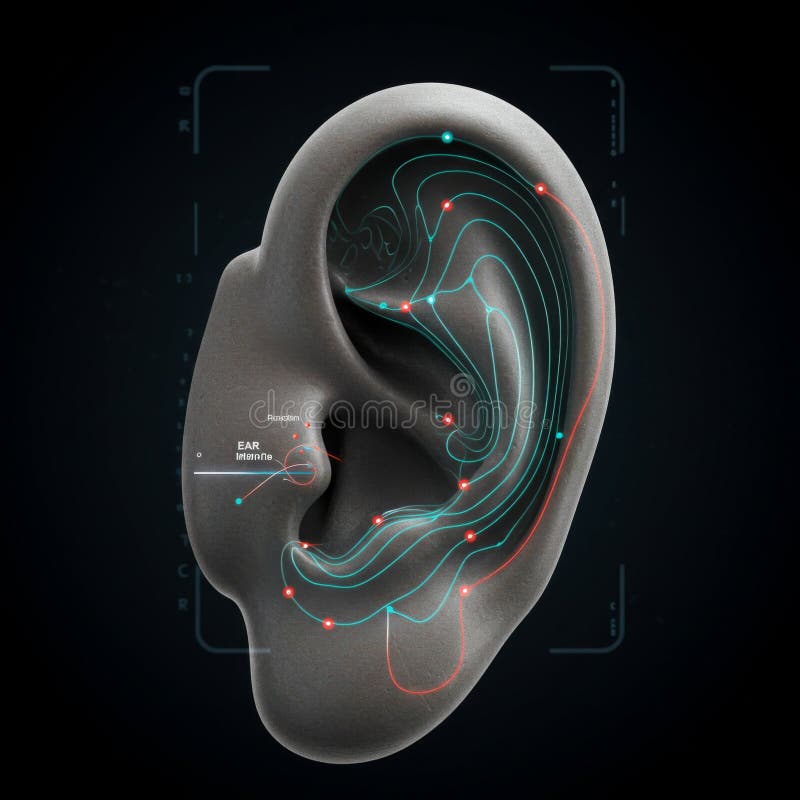 Human Ear Acupuncture Points 3D Model with Teal and Red Lines Stock ...