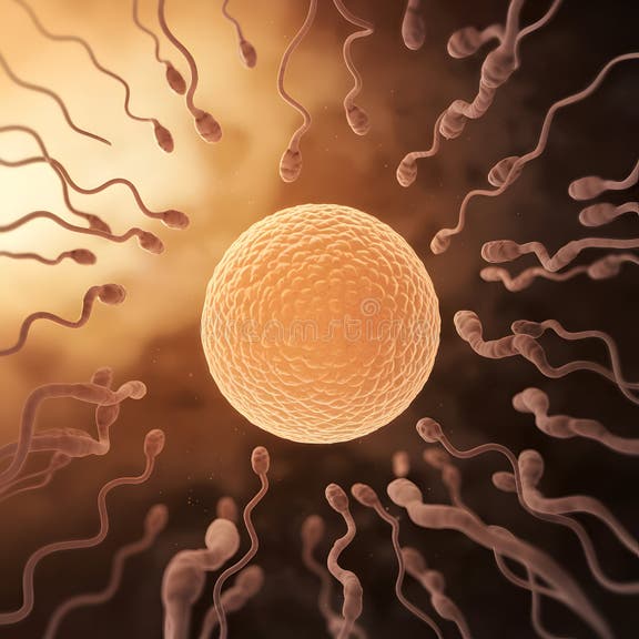 Human Egg Cell Surrounded by Sperm Cells in Golden Light, Emphasizing ...